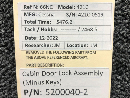 5200040-2 Cessna 421C Cabin Door Lock Assembly (Minus Key)