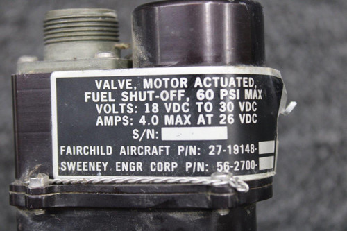 27-19148 (Alt: 56-2700) Fairchild Sweeney Fuel Shut Off Valve, 18-30 ...