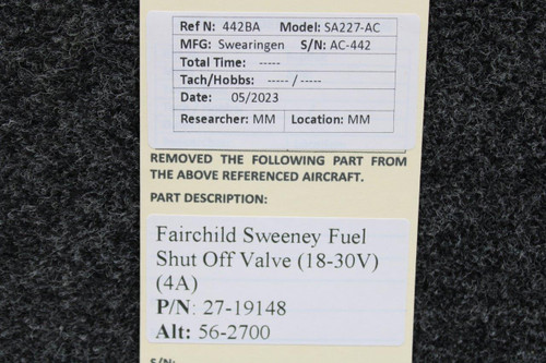 27-19148 (Alt: 56-2700) Fairchild Sweeney Fuel Shut Off Valve, 18-30 ...