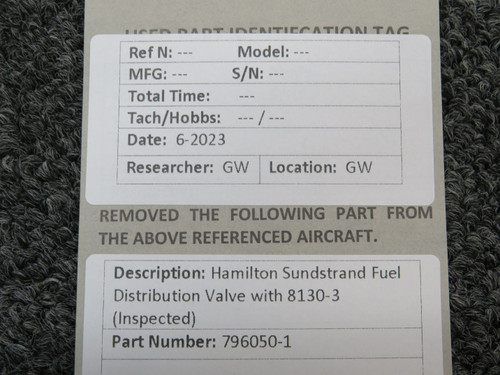 796050-1 Hamilton Sundstrand Fuel Distribution Valve With 8130-3 Inspected