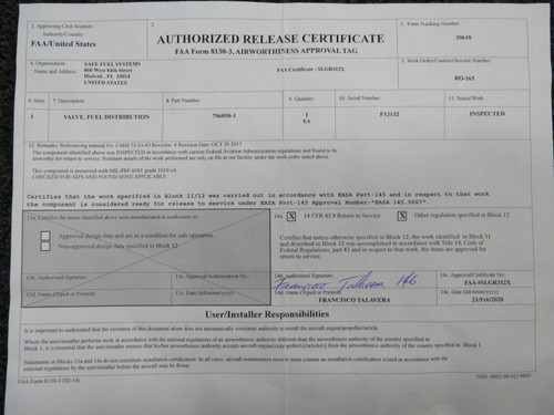 796050-1 Hamilton Sundstrand Fuel Distribution Valve With 8130-3 Inspected