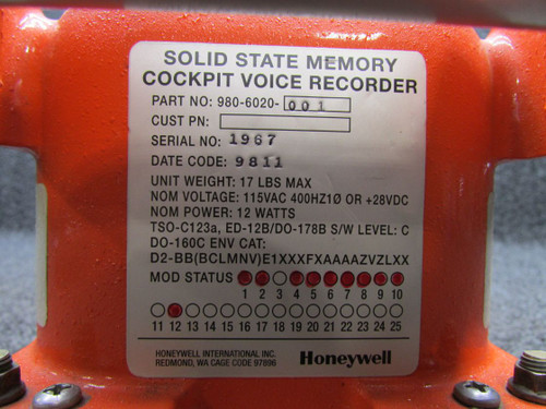 980-6020-001 Honeywell Cockpit Voice Recorder has 8130-3 (Inspected ...