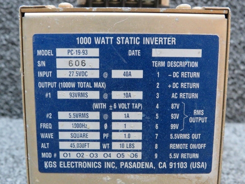 PC-19-93 KGS Electronics 1000 Watt Static Inverter Assembly For Sale