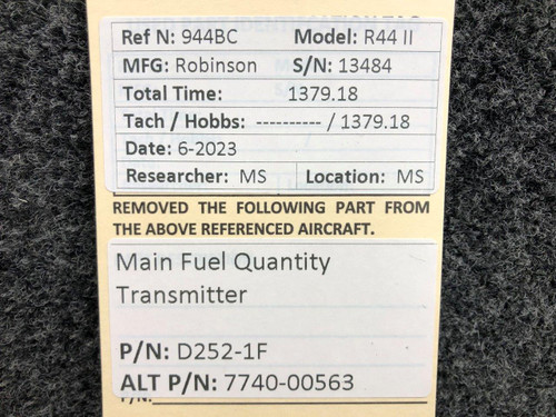 D252-1F (Alt: 7740-00563) Robinson R44II Main Fuel Quantity Transmitter ...