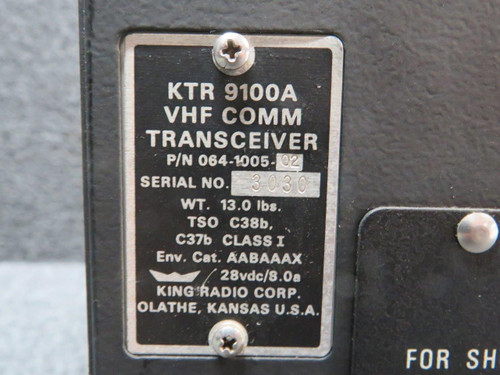 064-1005-02 King Radio KTR-9100A VHF Comm Transceiver has Modifications
