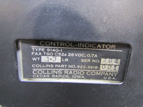 522-3918-001 Collins 914G-1 Control Warning Indicator, Volts: 26 (Black)