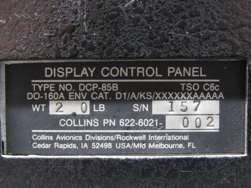 622-6021-002 Collins DCP-85B Modified Display Control Panel 28 Volts