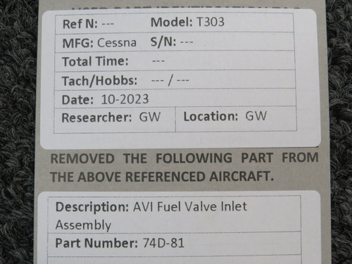 74D-81 Cessna T303 AVI Valve Inlet, Fuel Valve Inlet