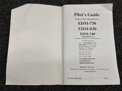 JP Instruments EDM-730, 740, 830 Pilot’s Guide Manual For Sale