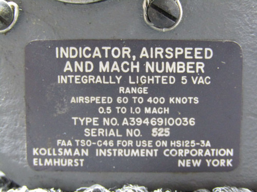 A3946910036 Kollsman Aircraft Airspeed Mach Indicator Unit