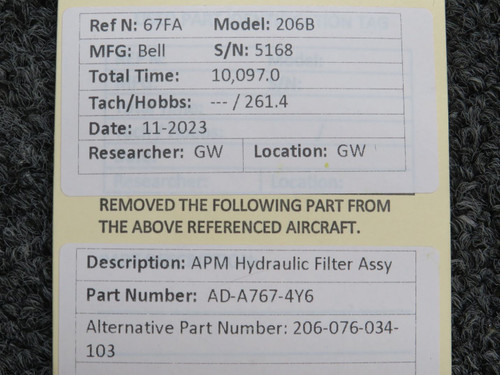 AD-A767-4Y6 (Alt PN: 206-076-034-103) Bell 206B APM Hydraulic Filter ...
