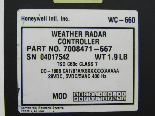 7008471-667 Honeywell WC-660 Modified Weather Radar Control Assembly