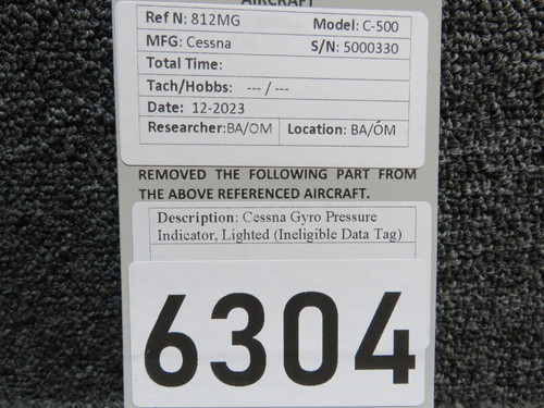 Cessna Gyro Pressure Indicator, Lighted with Illegible Data Tag