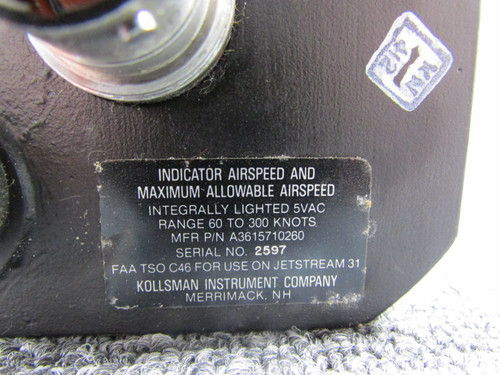 A3615710260 Kollsman 60-300 Knots Maximum Allowable Airspeed Indicator ...