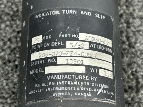 A5930-02 (Alt: 206-070-274-005) RC Allen Turn and Slip Indicator (28V ...