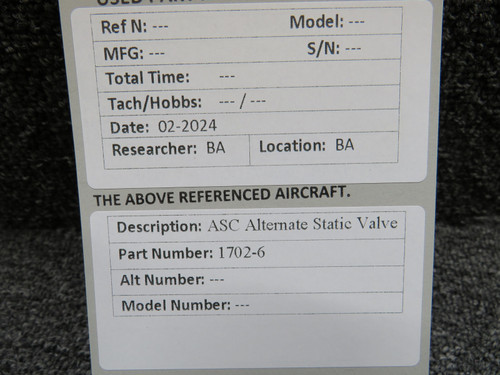 1702-6 ASC Alternate Static Valve For Sale