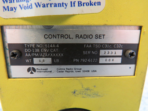 792-6122-004 Rockwell Aviation 514A-4 Broken Screen Radio Set Control