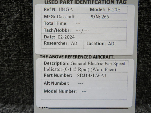 8DJ143LWA1 General Electric 0 to 115 RPM Worn Face Fan Speed Indicator