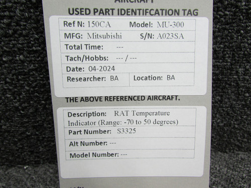 S3325 RAT Temperature Indicator (Range: -70 to 50 degrees) (Data Plate Missing)