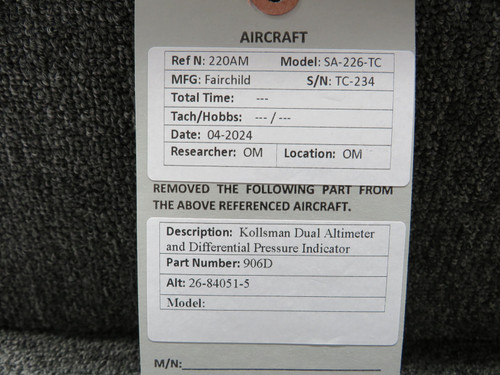 906D (Alter: 26-84051-5) Kollsman Dual Altimeter & Differential ...