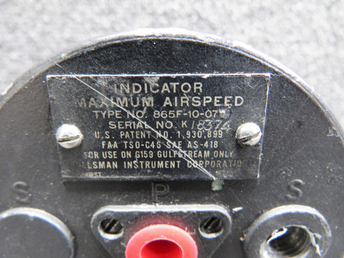 865F-10-075 Kollsman Maximum Airspeed Gauge Indicator (Worn Face)