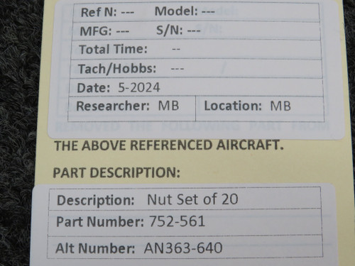 752-561 Alternative Part Number AN363-640 Piper New Old Stock Nut Set of 20