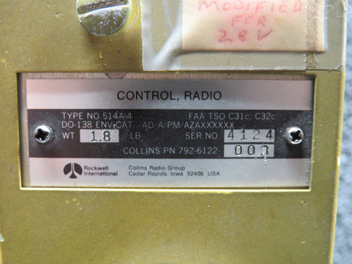 792-6122-003 Collins 514A-4 Airplane Radio Control Box Unit