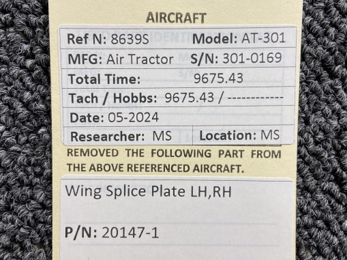 20147-1 Air Tractor AT-301 LH or RH Wing Splice Plate