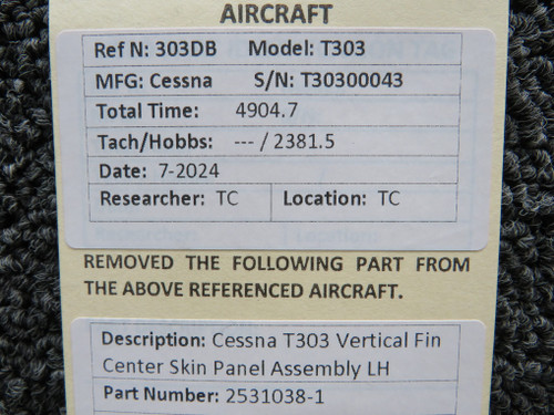 2531038-1 Cessna T303 Left Hand Vertical Fin Center Skin Panel Assembly