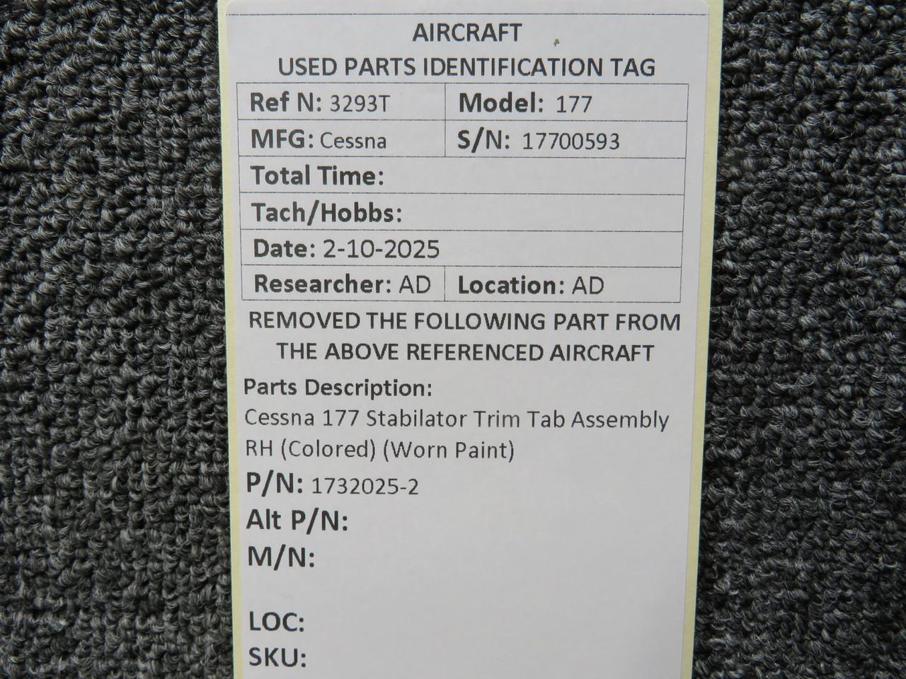 1732025-2 Cessna 177 Stabilator Trim Tab Right Hand, Colored and Worn Paint