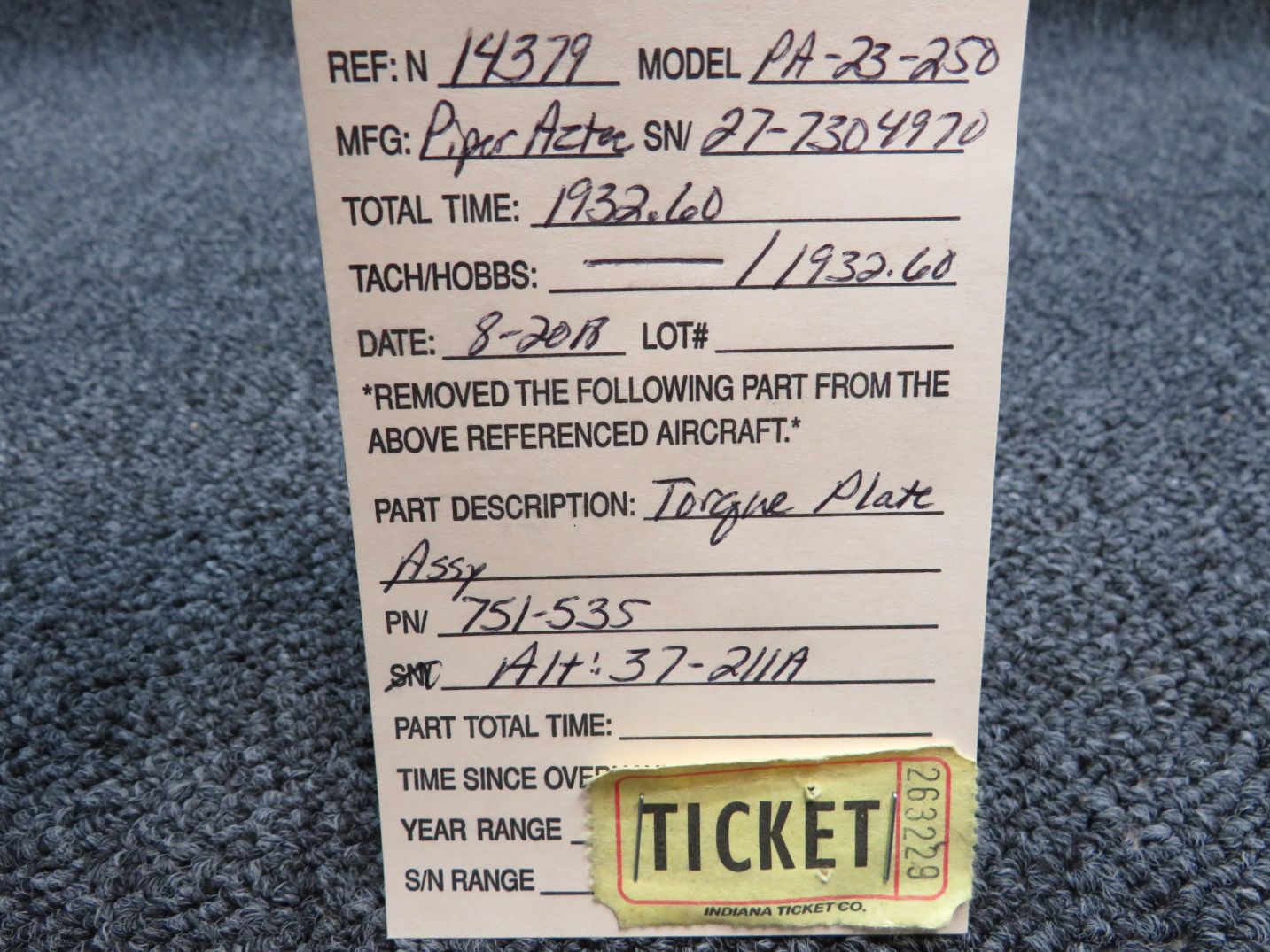 751-535 (Alt: 37-211A) Piper PA23-250 Torque Plate