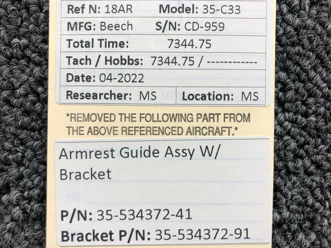 35-534372-41 / 35-534372-91 Beech 35-C33 Armrest Guide Assembly W/ Bracket