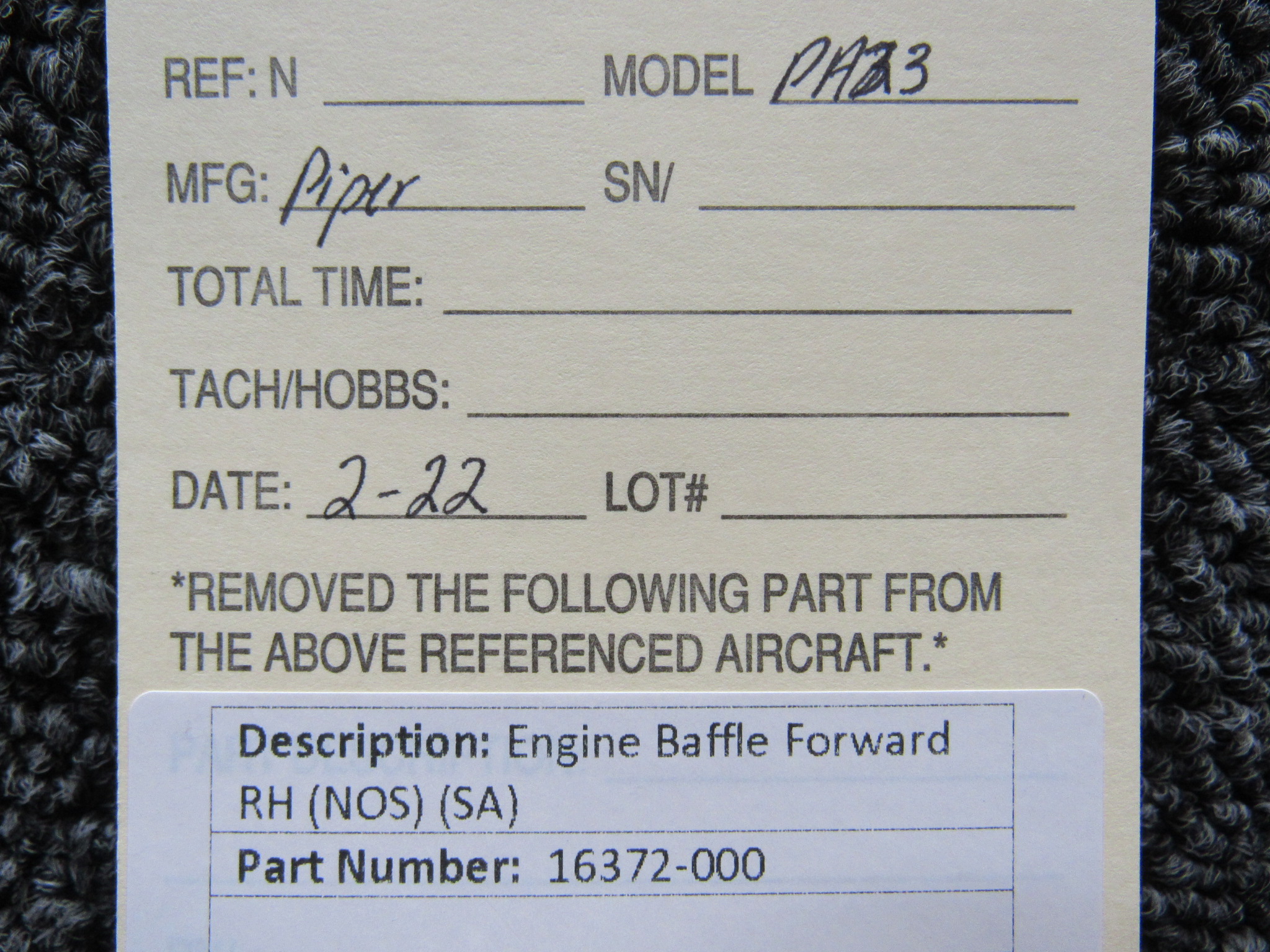 16372-000 Piper PA23 Engine Baffle Forward RH (NEW OLD STOCK) (SA)