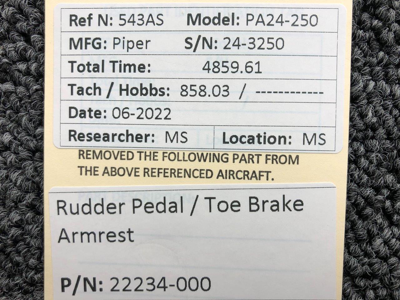 22234-000 Piper PA24-250 Rudder Pedal - Toe Brake Armrest For Sale