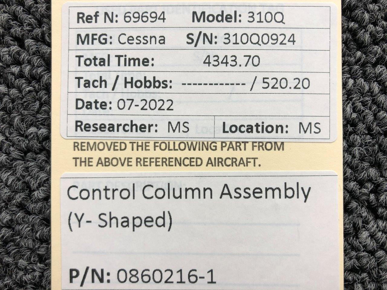 0860216-1 Cessna 310Q Control Column Assembly (Y Shaped)
