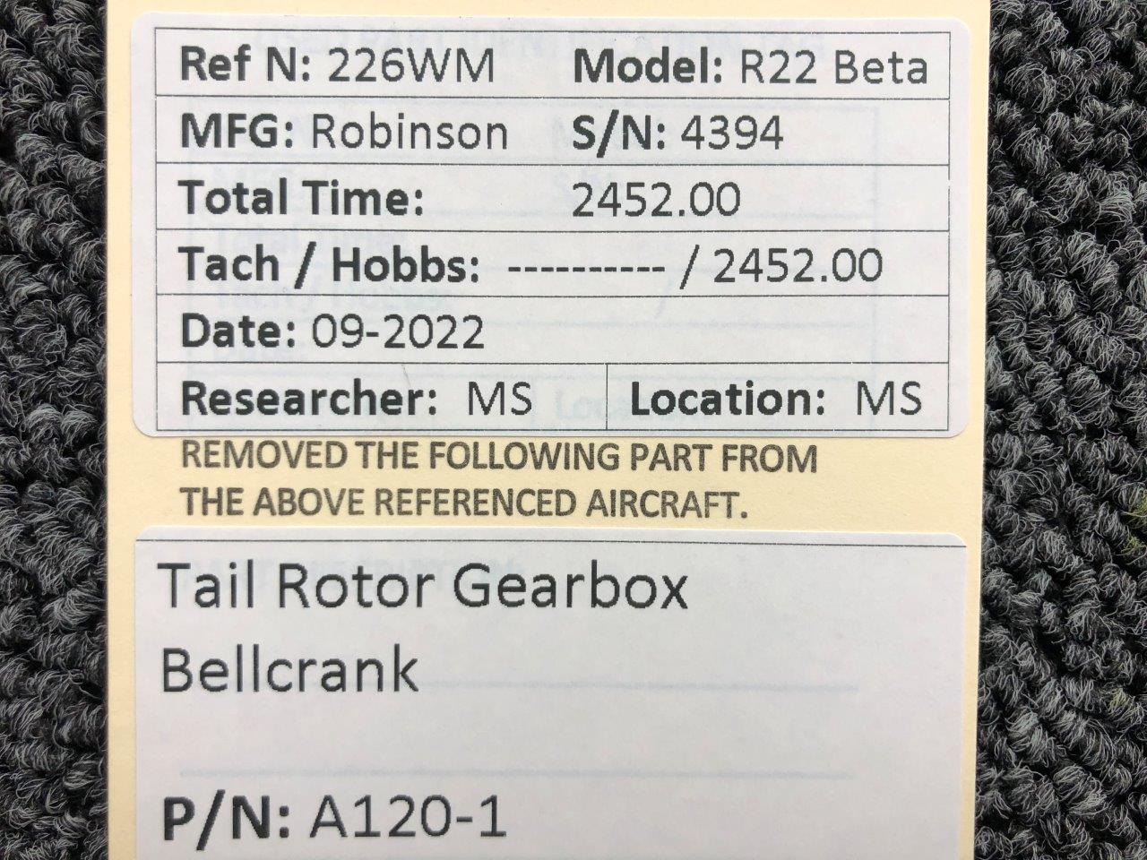 A120-1 Robinson R22 Beta Tail Rotor Gearbox Bellcrank