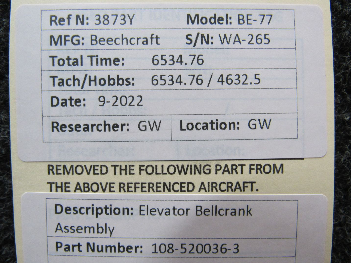 108-520036-3 Beechcraft BE-77 Elevator Bellcrank Assembly