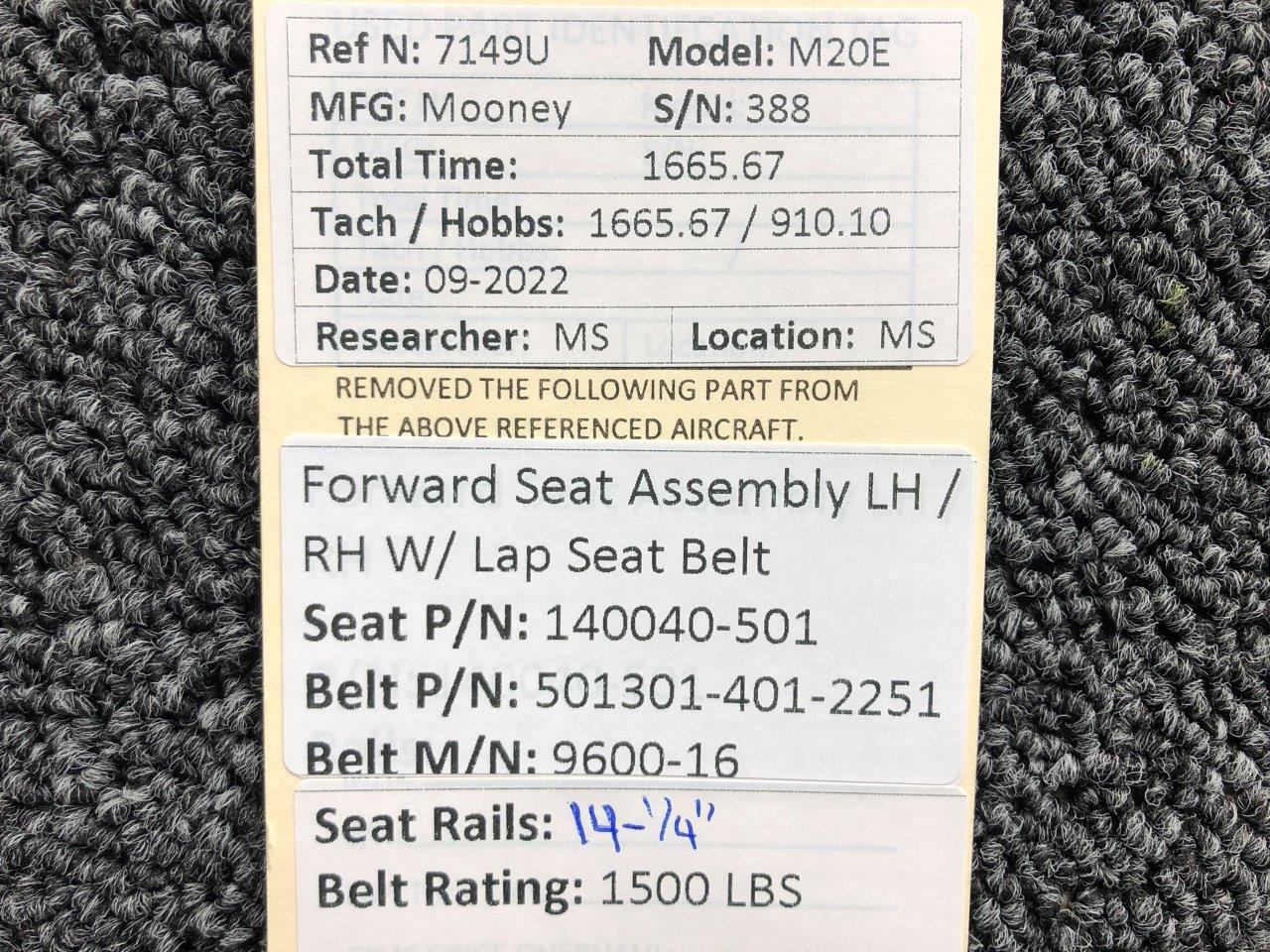 140040-501 Mooney M20E Forward Seat Assembly LH / RH (Rails: 14-1/4")