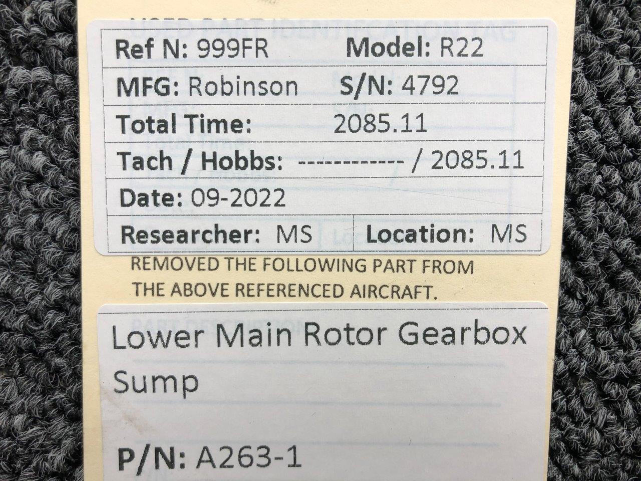 A263-1 Robinson R22 Lower Main Rotor Gearbox Sump