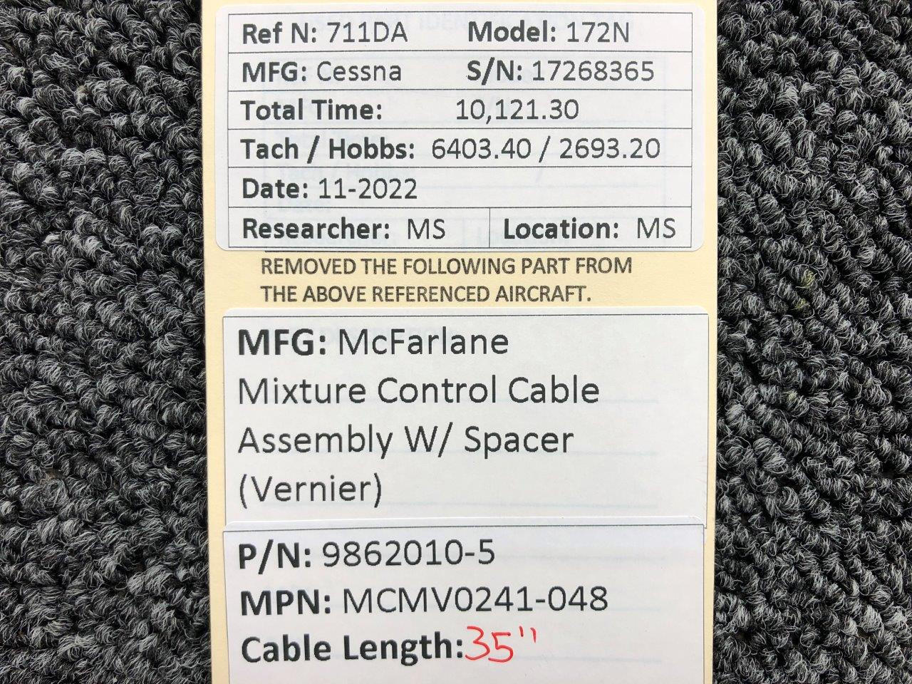MCMV0241-048 (ALT: 9862010-5) McFarlane Vernier Mixture Control Cable ...