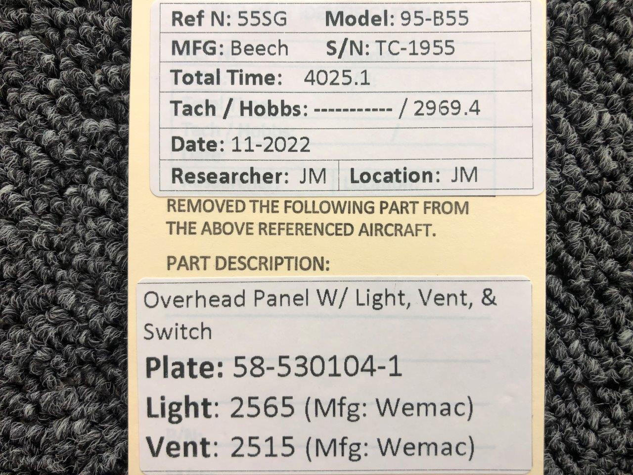58-530104-1, 2565, 2515 Beech Wemac Overhead Panel has Light, Vent and ...