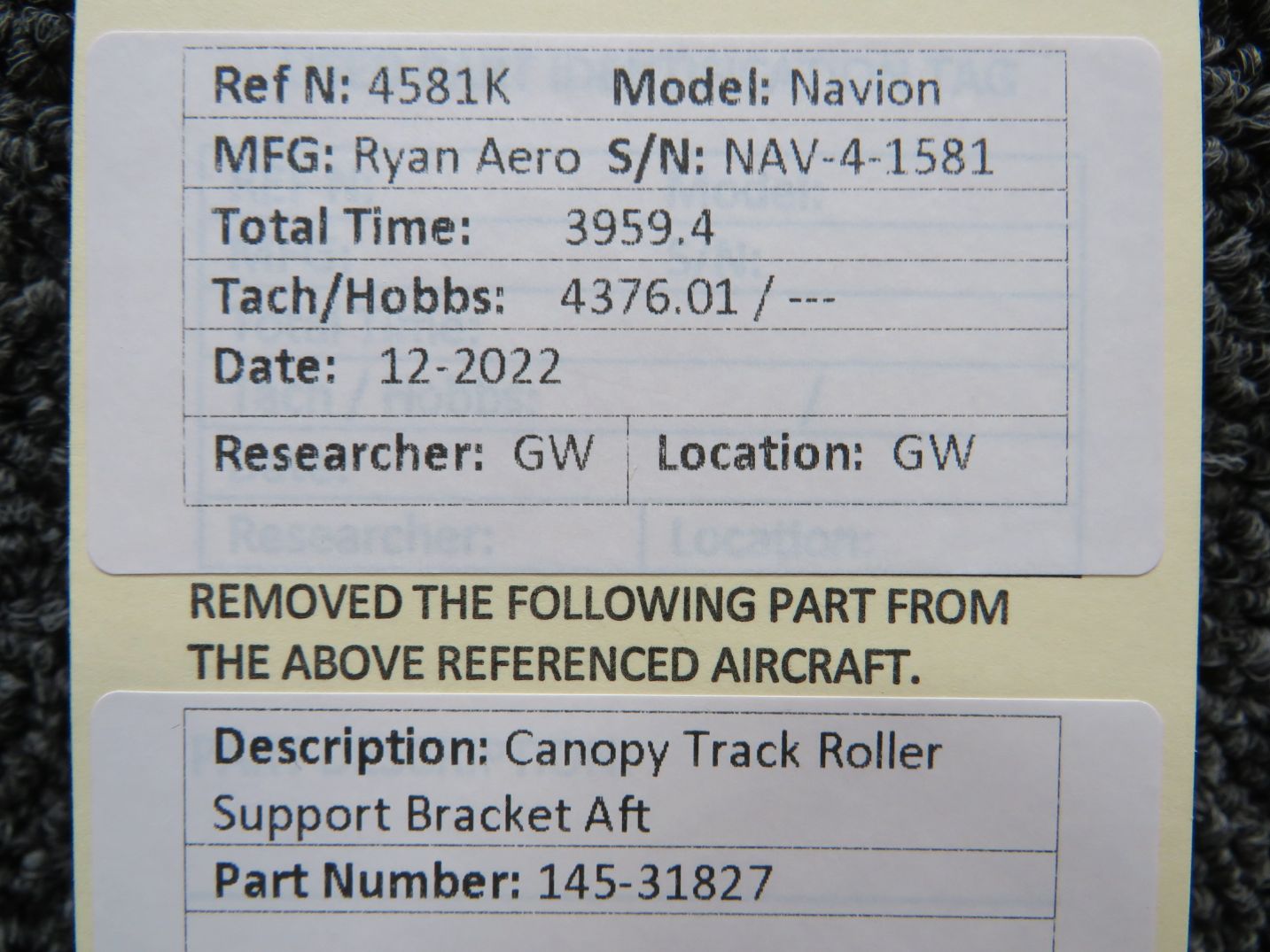 145-31827 Ryan Navion Canopy Track Roller Support Bracket AFT