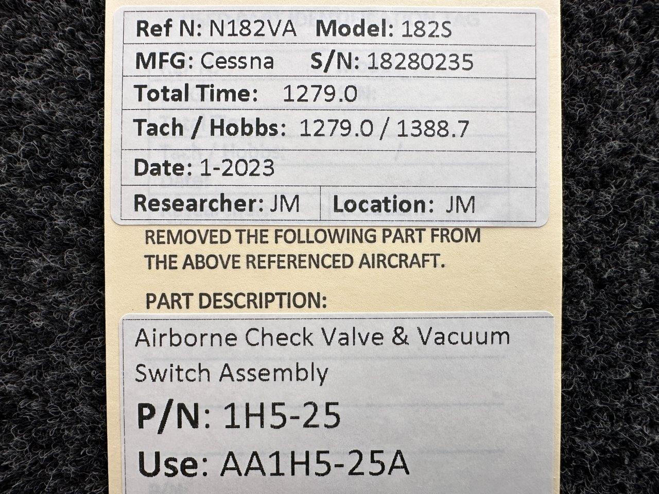 1H5-25 (Use: AA1H5-25A) Airborne Check Valve and Vacuum Switch Assembly