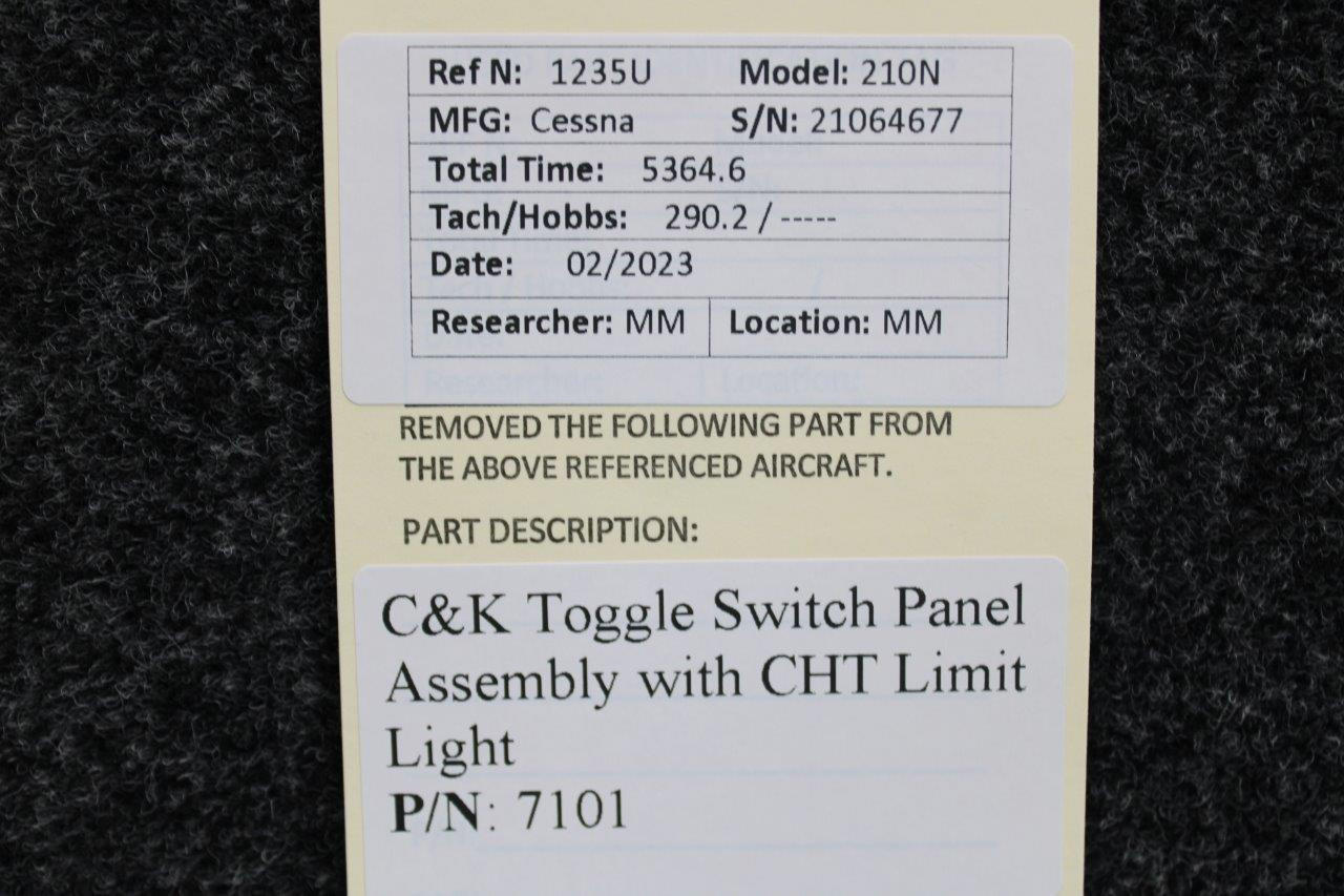 7101 Cessna 210N C&K Toggle Switch Panel Assembly with CHT Limit Light