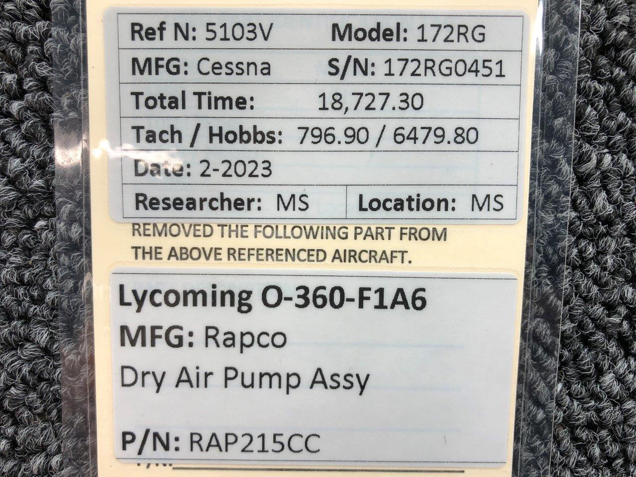 RAP215CC Lycoming O-360-F1A6 Rapco Dry Air Pump Assembly