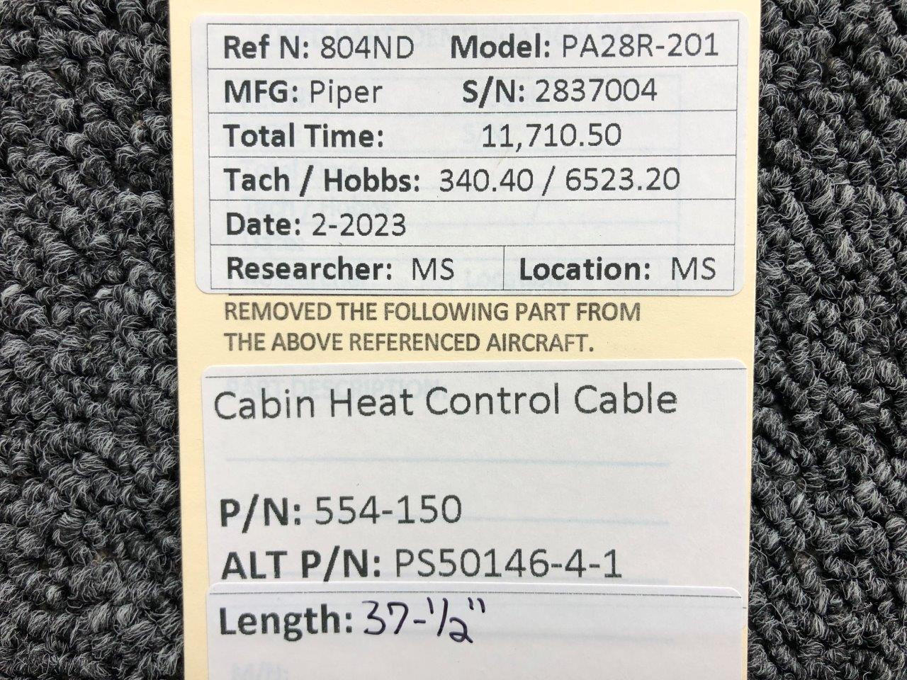 554-150 (Alt: PS50146-4-1) Piper PA28R-201 Cabin Heat Control Cable (37-1/2")