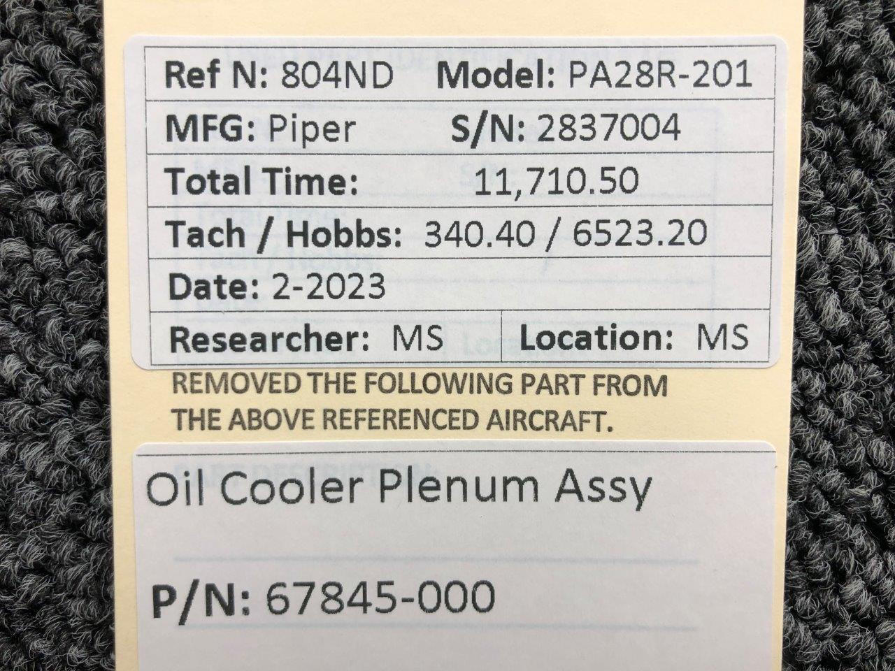 67845-000 Lycoming IO-360-C1C6 Oil Cooler Plenum Assembly