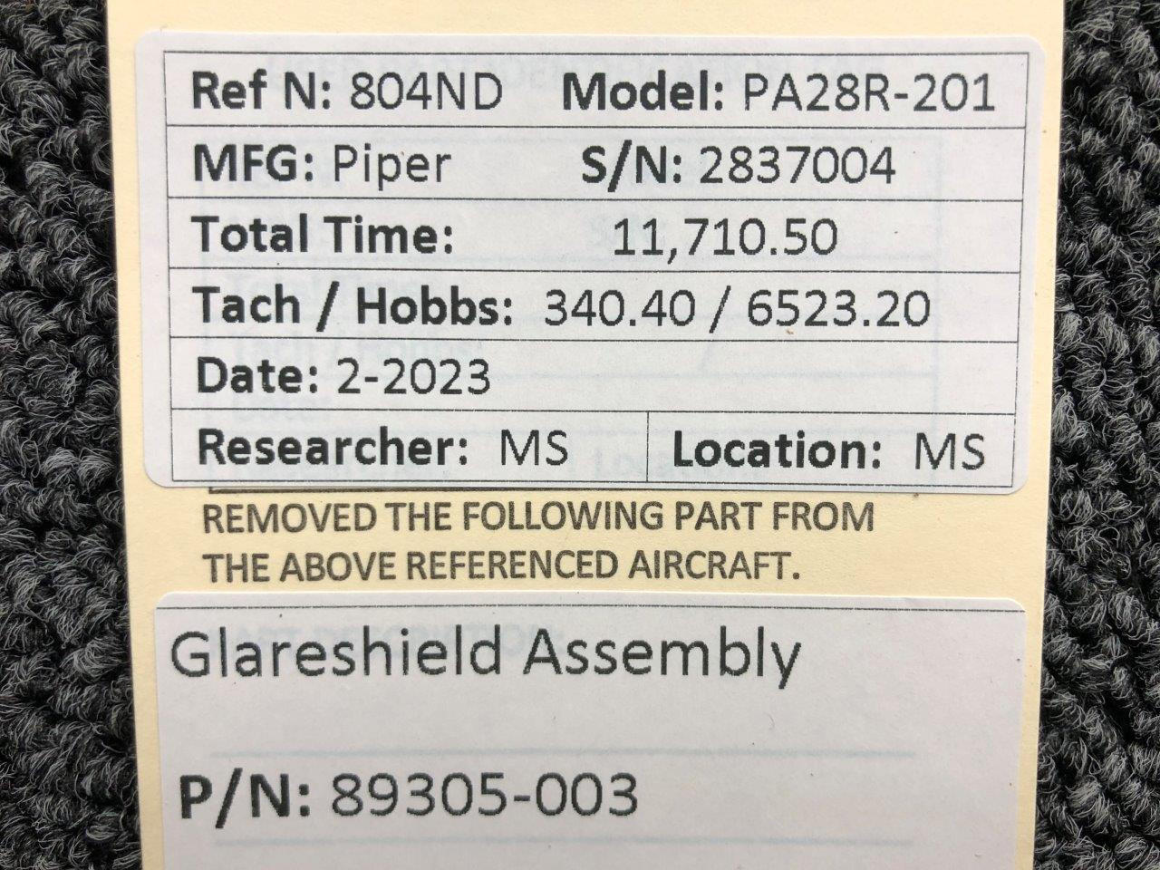 89305-003 Piper PA28R-201 Glareshield Assembly