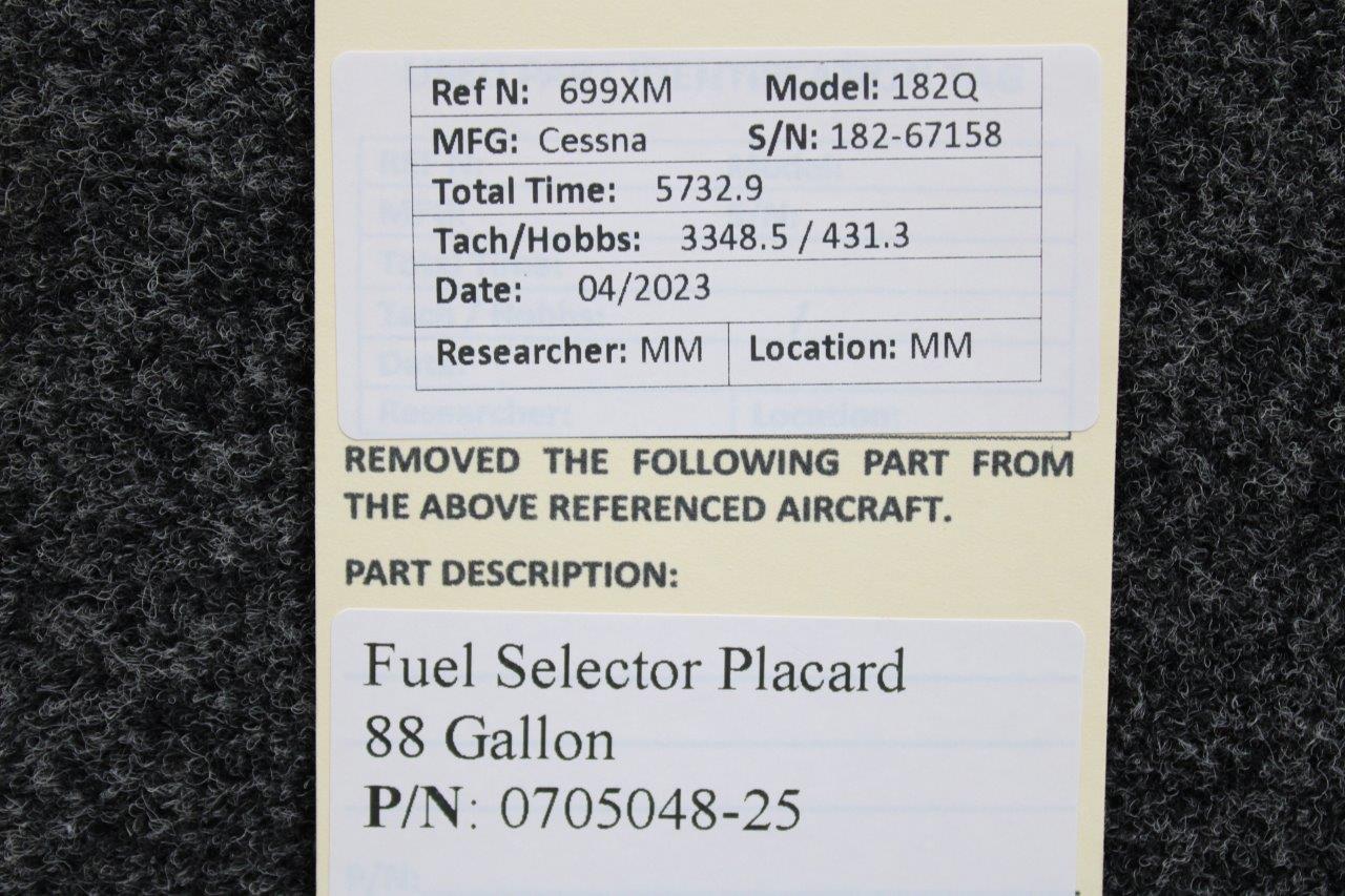 0705048-25 Cessna 182Q Fuel Selector Placard - 88 Gallon For Sale