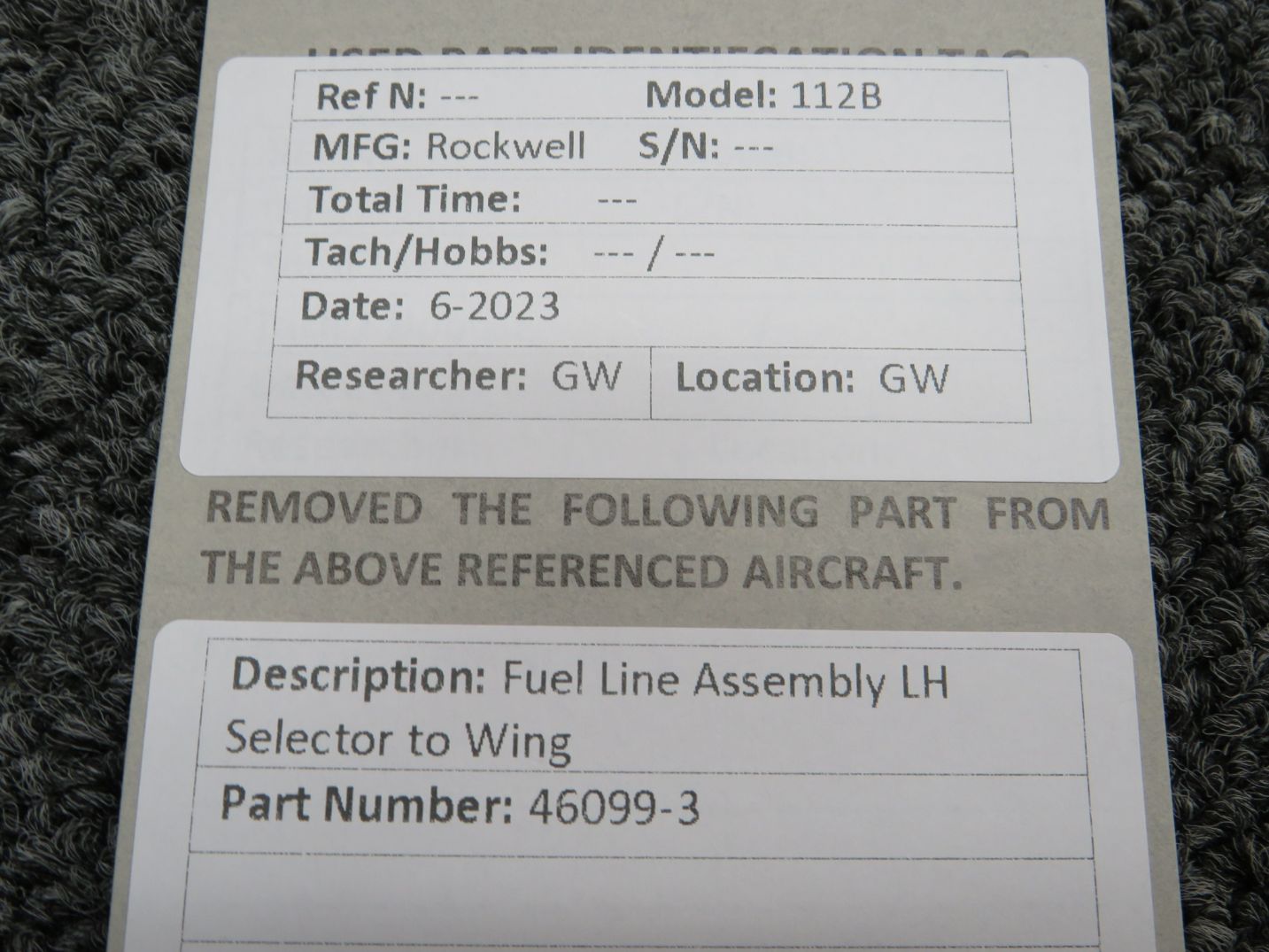 46099-3 Rockwell 112B Fuel Line Assembly Left Hand Selector To Wing